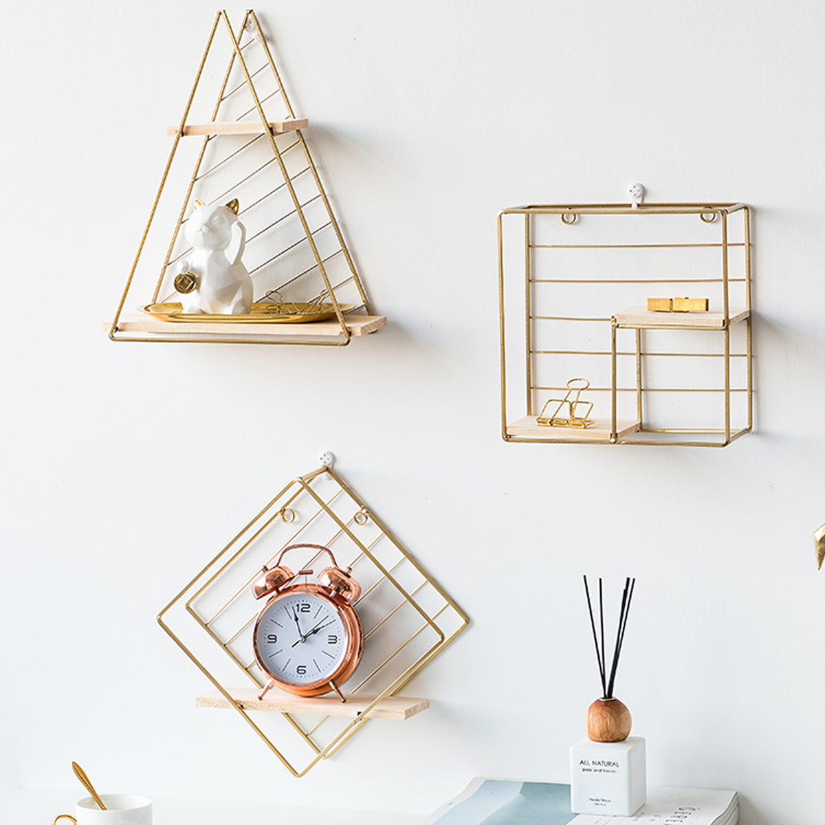 ijzer metaal houten wand hangende opbergrekken rek rhombus/hexagon/cir ...