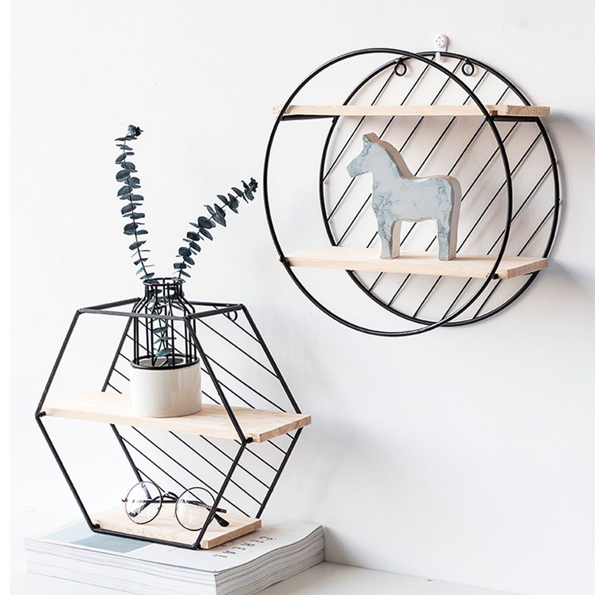 ijzer metaal houten wand hangende opbergrekken rek rhombus/hexagon/cir ...