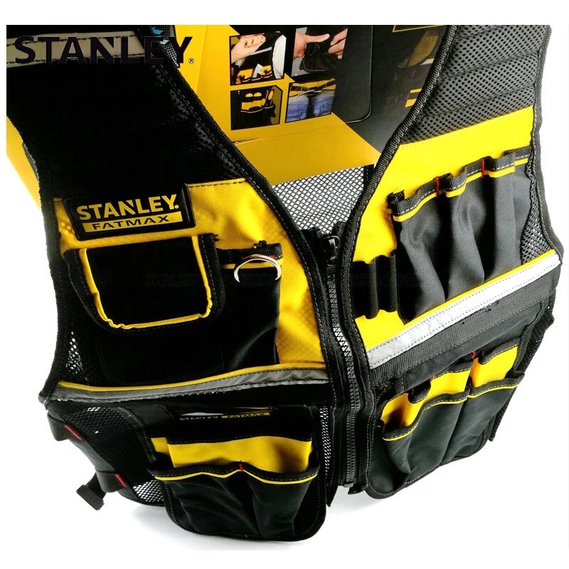 multi-pocket work tool vest met zwart gele reflecterende veiligheidsst ...